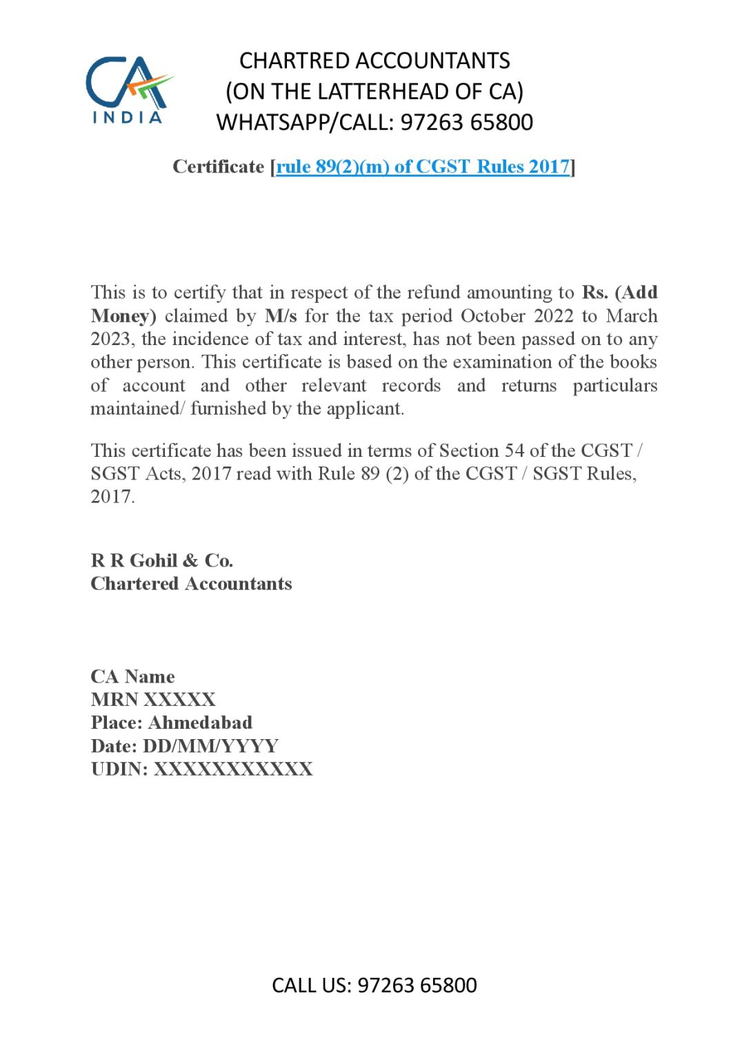 GST Refund Application with CA Certificate