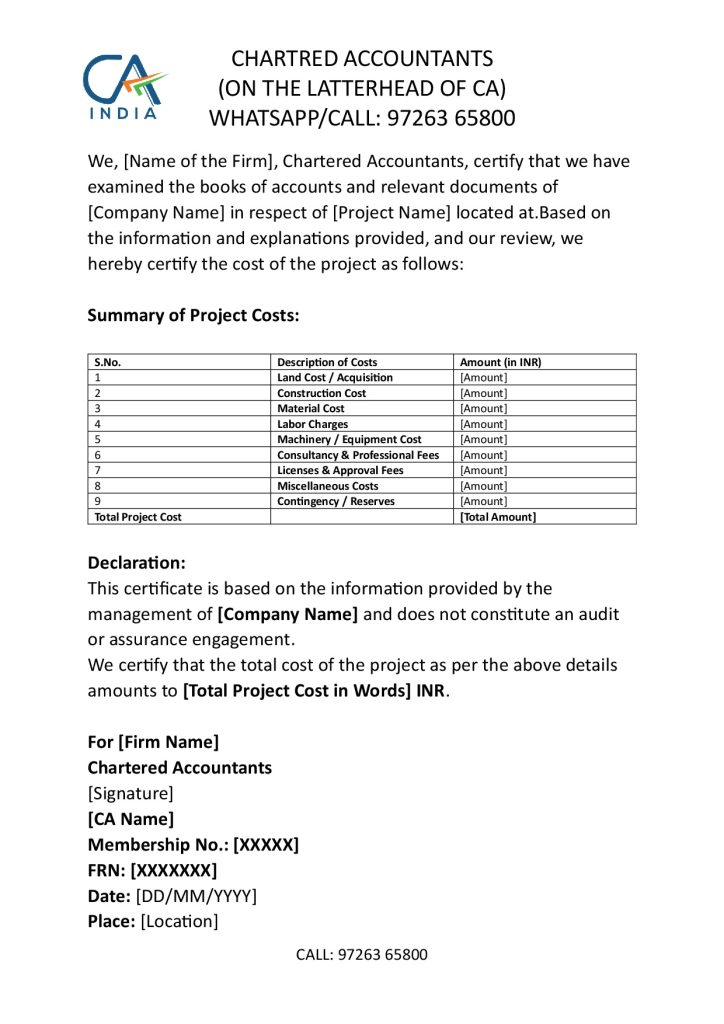 Project Cost Certificate by CA